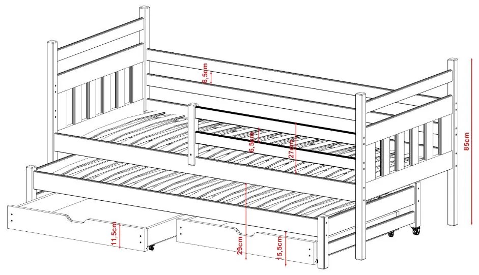 Dětská postel z masivu borovice DAN s přistýlkou a šuplíky - 200x90 cm - přírodní