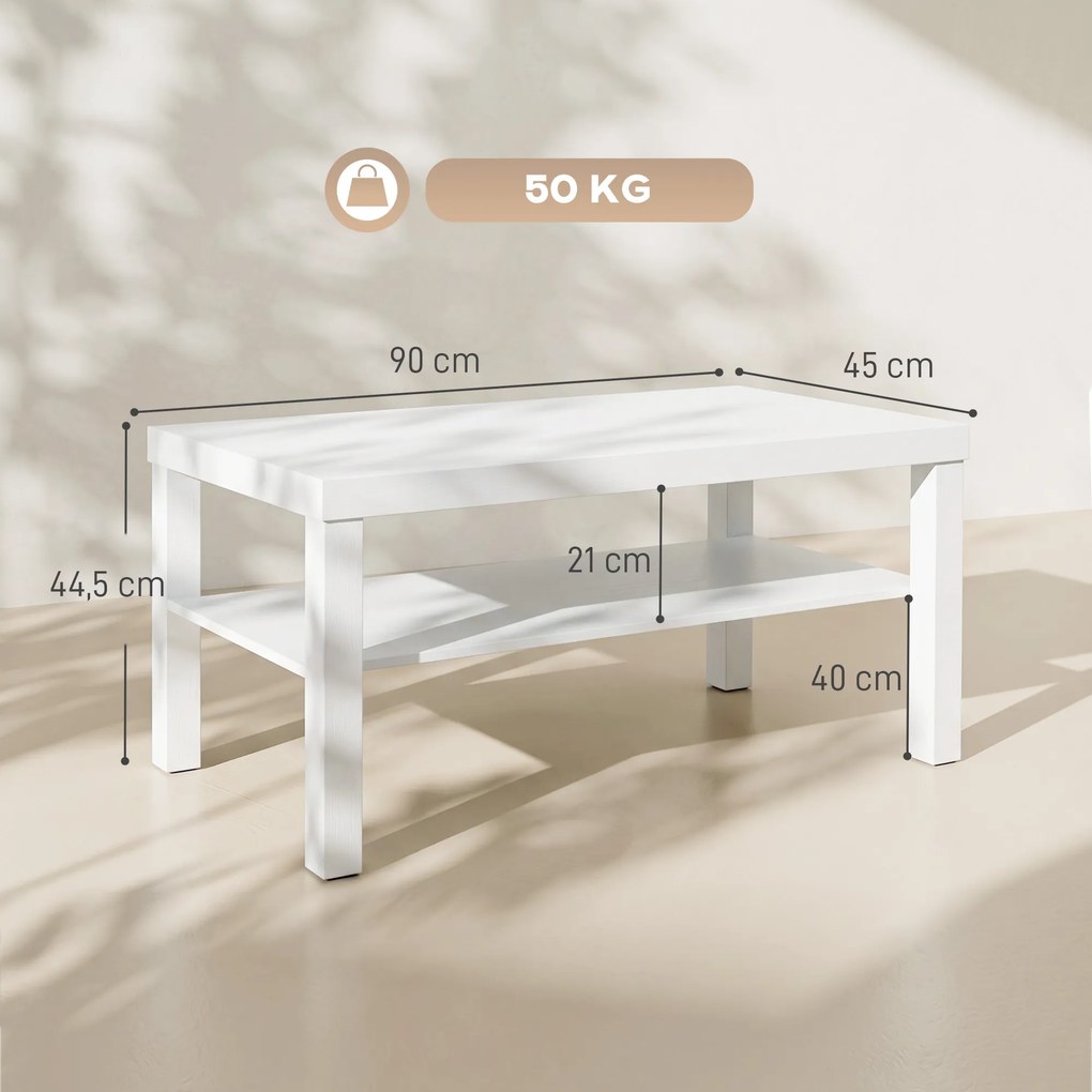 HOMCOM konferenční stolek do obývacího pokoje, obdélníkový odkládací stolek se 2 úrovněmi a odkládací přihrádkou, 90x45x44,5 cm, bílá