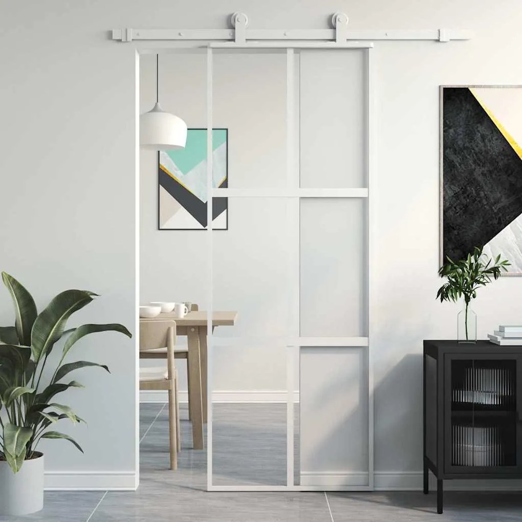 Posuvné dveře bílé 76 x 205 cm tvrzené sklo a hliník 155216
