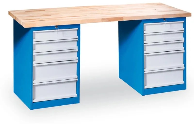 Dílenský pracovní stůl GD se 2 zásuvkovými dílenskými boxy na nářadí, buková spárovka, 10 zásuvek, 1700 x 800 x 850 mm, modrá