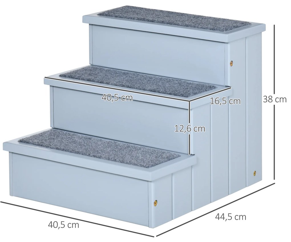 PawHut schody pro psy s 3 stupni a kobercem, úložný prostor, šedé, 40,5x44,5x38 cm pro malé psy a kočky
