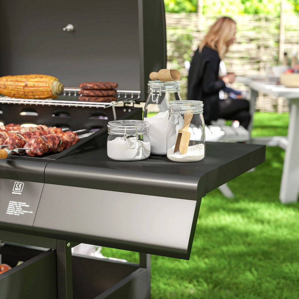 Outsunny Plynový gril 15,2 KW, grilovací vozík včetně 5 nerezových hořáků, kolečka, boční vařič, 129,5 x 56 x 110 cm, černá