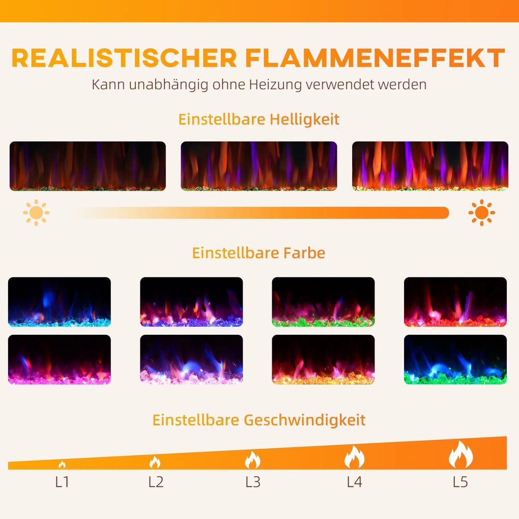 HOMCOM Elektrický krb, montáž na stěnu, nastavitelné plameny, termostat, časovač, ocel, černý