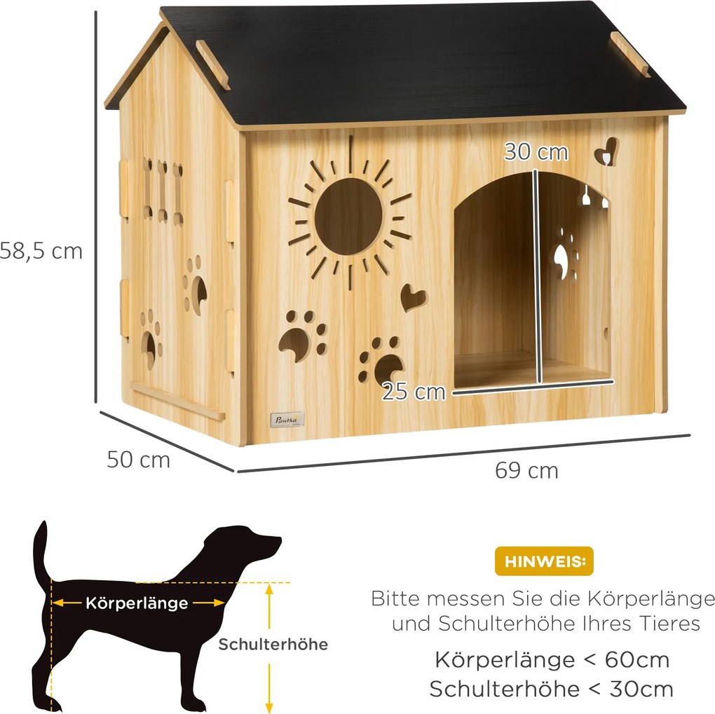 PawHut dřevěná bouda pro psy malý domek pro zvířata s větracími otvory 69 x 50 x 58,5 cm, psí bouda se střechou, vnitřní MDF dub černý | Aosom.de