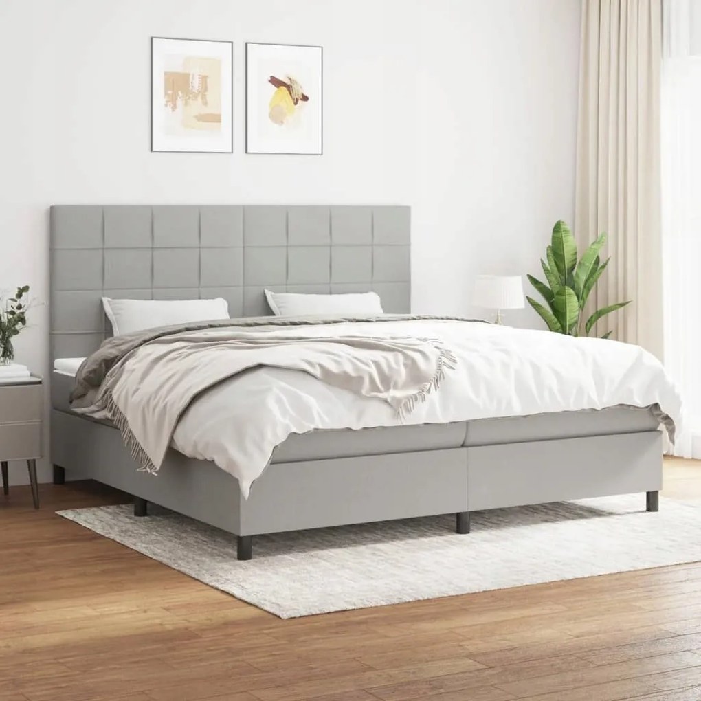 Box Spring Postel S Matrací Textil Světle Šedá Blok se čtverci 200 x 200