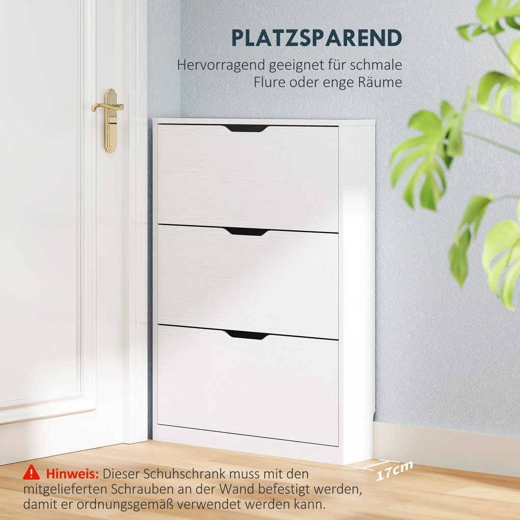 HOMCOM Skříň na boty se 3 dvířky, Botník, Skříň na obuv pro 9-12 párů bot 80 x 17 x 108 cm, Bílá