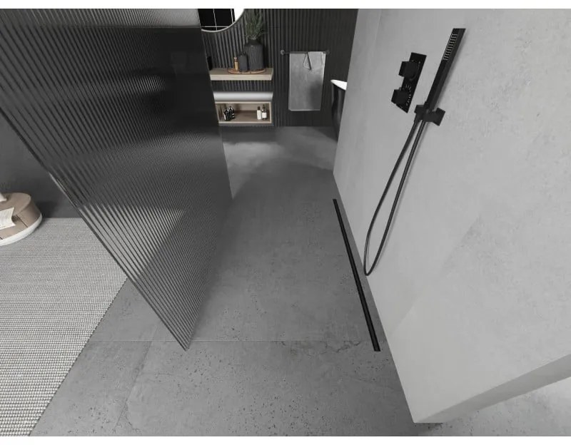 Mexen Kioto, sprchová zástěna Walk-In 100 x 200 cm, 8mm sklo s žebrovým vzorem, černý profil, 800-100-002-70-09