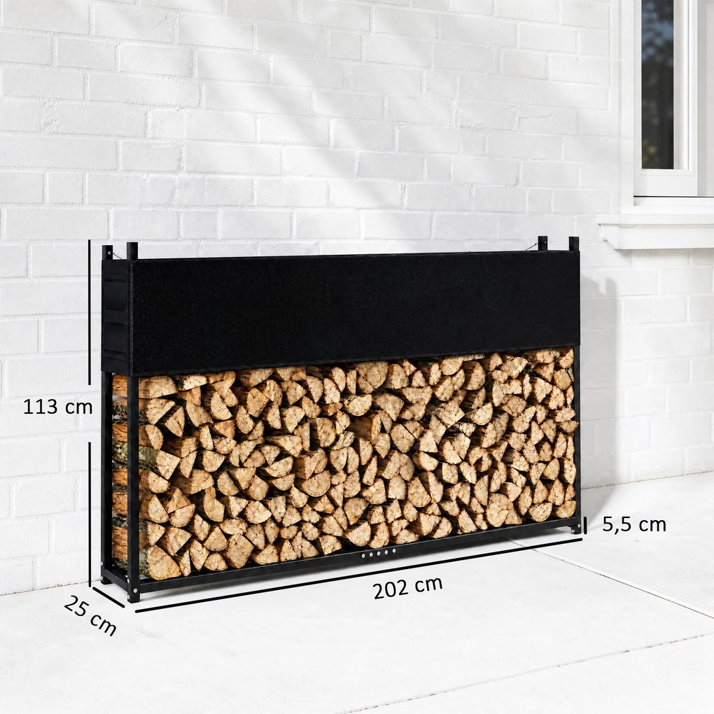 Outsunny Stojan na palivo 202 x 25 x 113 cm, stojan na dřevo s 600D Oxford krytem, ocelový rám do 500 kg, černý