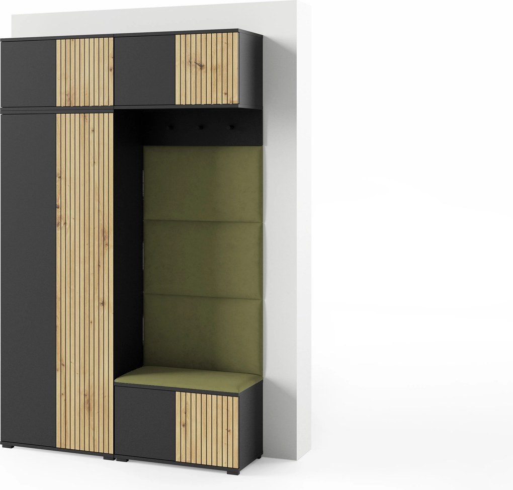 Eka Předsíňová stěna s čalouněnými panely Joey 3 - Černá a Dub Artisan / Khaki zelená 2327
