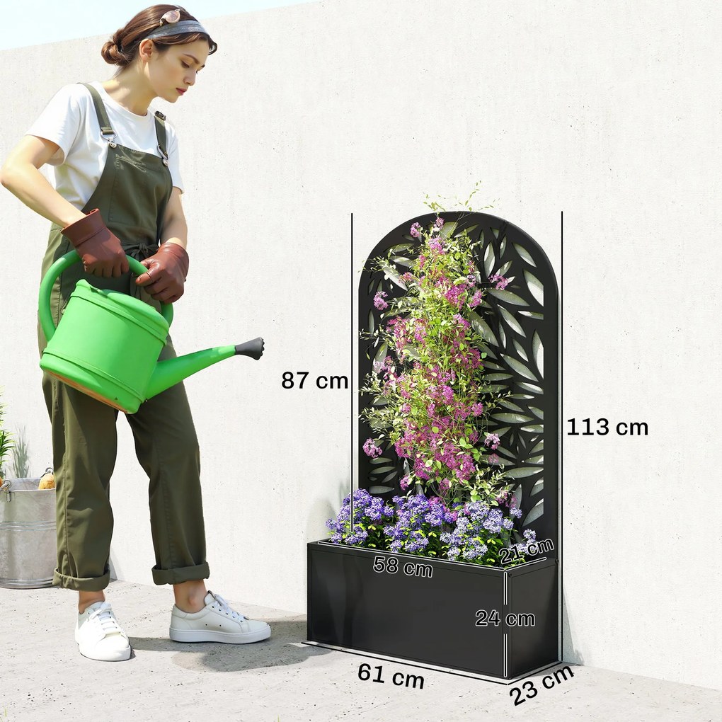 Outsunny vyvýšený truhlík s listovým trelážem — kovový květináč 61 × 23 × 113 cm pro zahradu, balkon a terasu