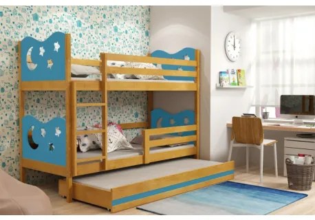 Patrová postel MIKO pro 3 osoby včetně matrací (Olše + Modrá)