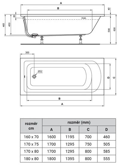 Ideal Standard Hotline Vana 170x80 cm, bez noh K274701