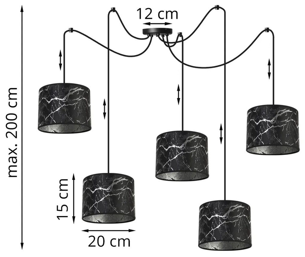 Závěsné svítidlo WERONA SPIDER, 5x černé textilní stínítko se vzorem, S