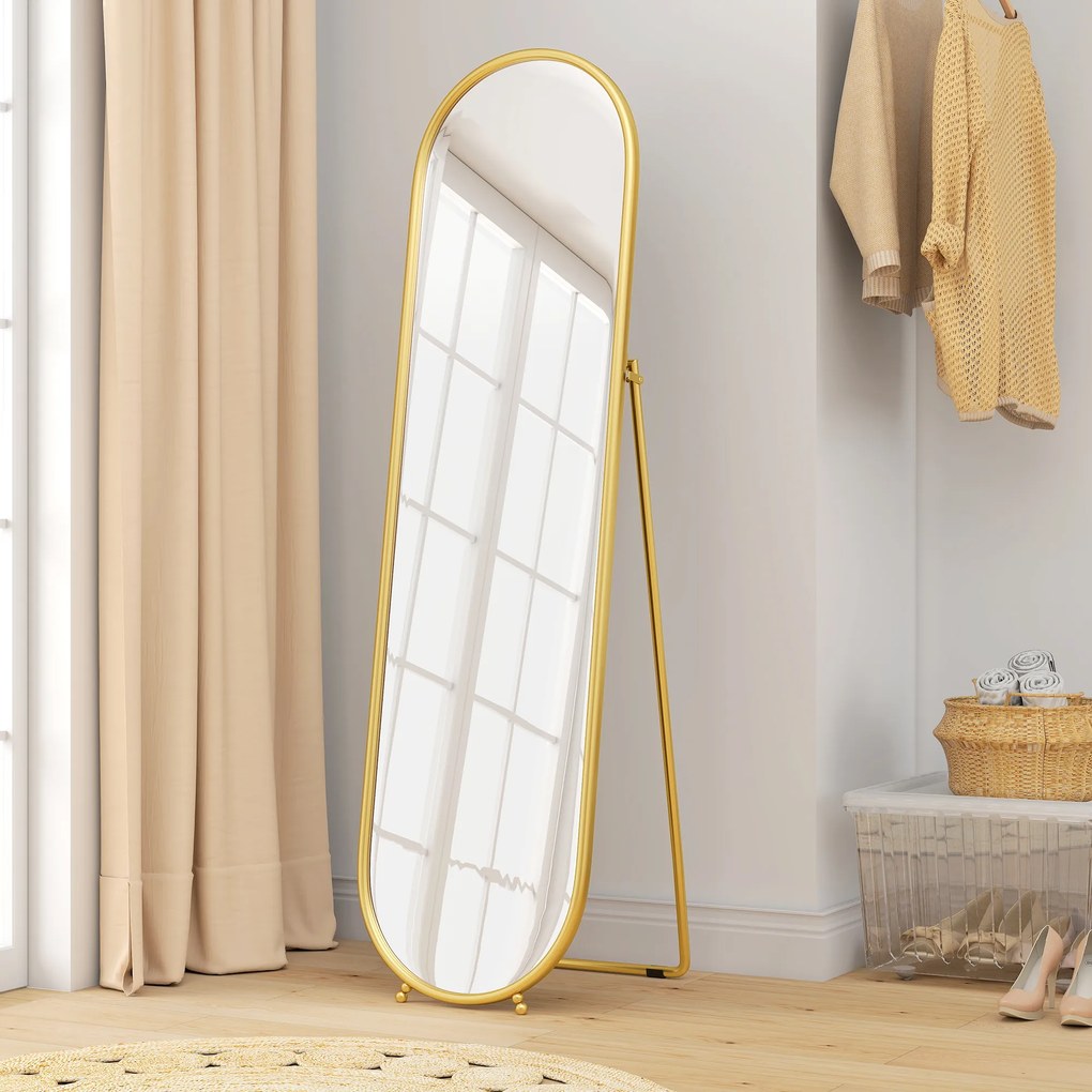 HOMCOM oválné celoformátové volně stojící zrcadlo, 50 × 180 cm — nerozbitné sklo, kovový rám a stojan, zlaté — do ložnice, obýváku, předsíně