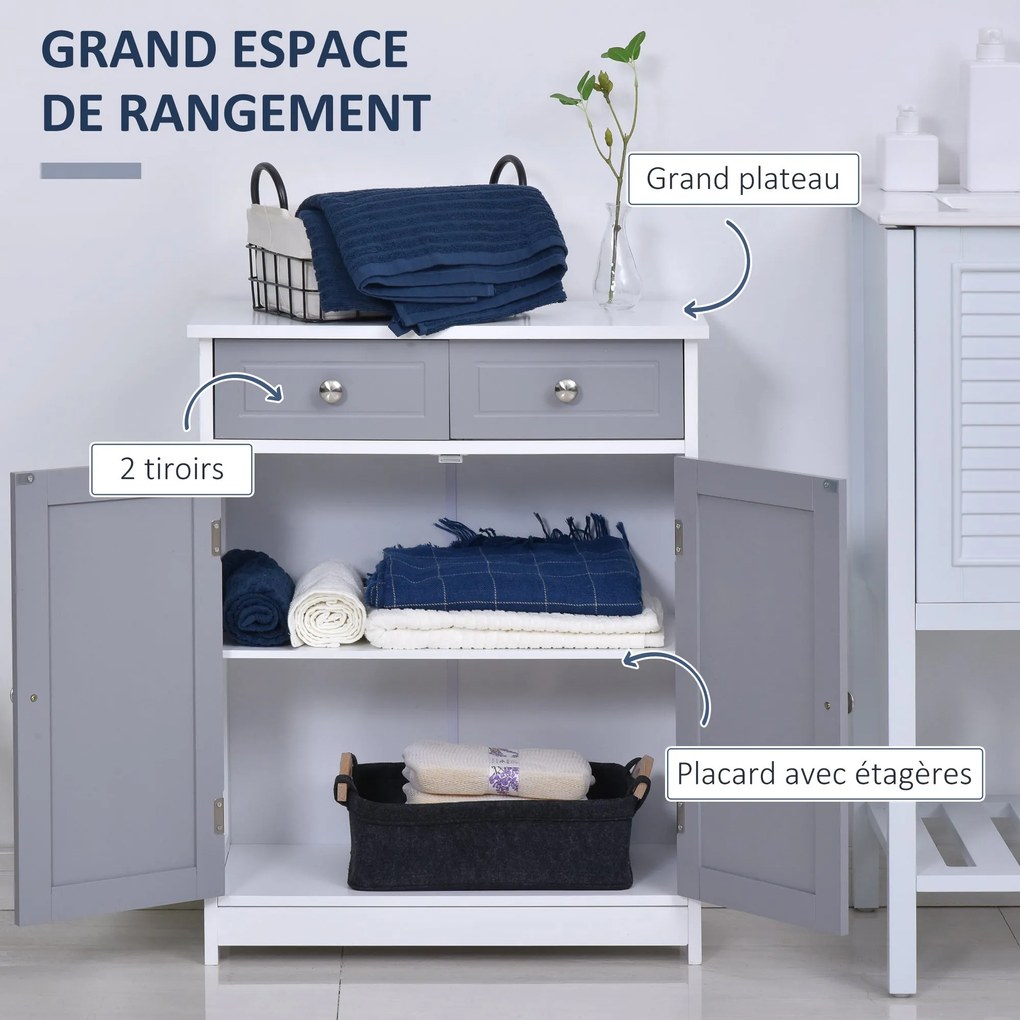 Kleankin Úložný Kabinet, Koupelnový Kabinet, Skříň s 2 Dveřmi a 2 Zásuvkami - 60 x 30 x 75 cm - Šedá a Bílá | Aosom