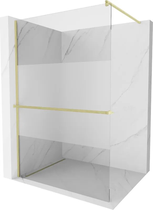 Mexen Kioto+, sprchová zástěna Walk-In s poličkou a věšákem 130 x 200 cm, 8mm čiré sklo-námraza, zlatý matný profil, 800-130-121-55-35