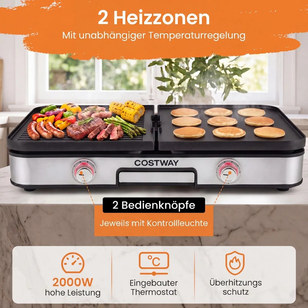 Costway 3-in-1 Elektrický stolní gril 2000 W elektrický gril s 2 Oddělené zóny