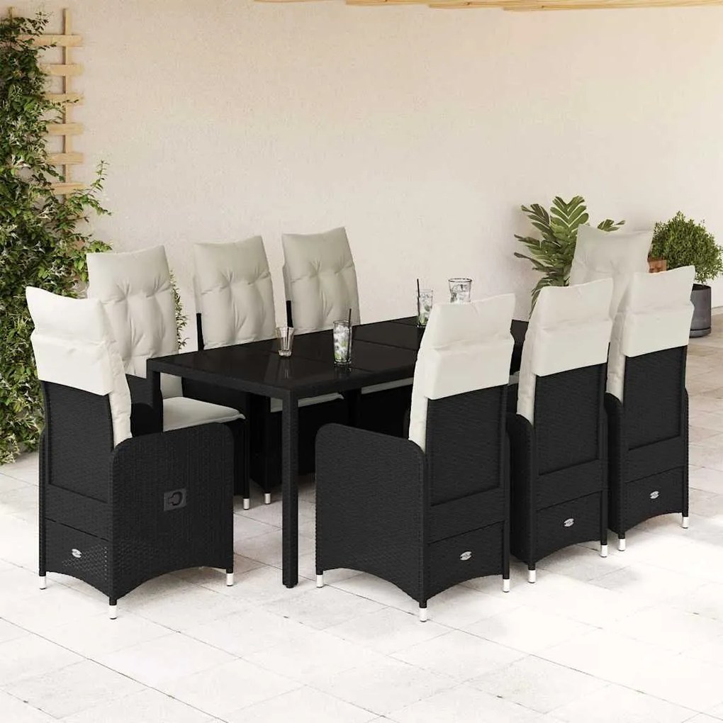 9dílný zahradní bistro set s poduškami černý polyratan 3276995