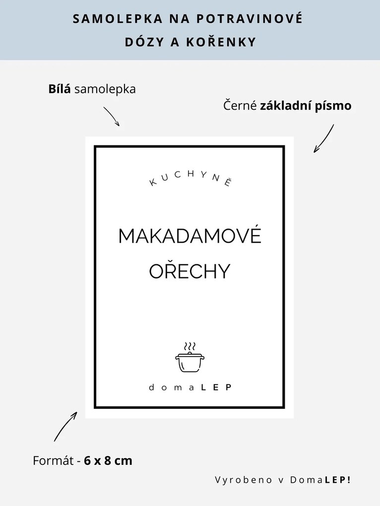 MAKADAMOVÉ OŘECHY – bílá samolepka na dózu, základní písmo, 6 x 8 cm | DomaLEP
