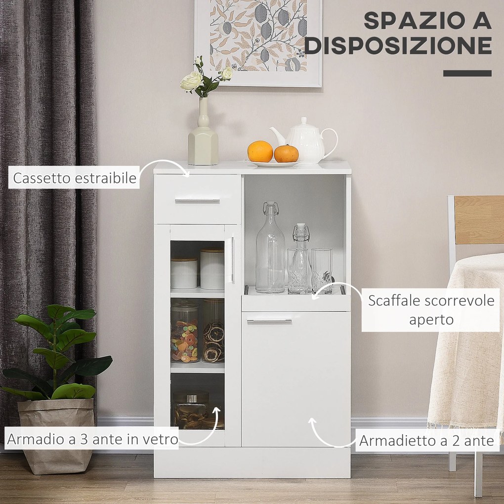 HOMCOM Moderní Jídelní Skříňka s Skříňkami a Zásuvkou, Úsporná Kuchyňská Skříň z Dřeva a Skla 60x40x95cm, Bílá