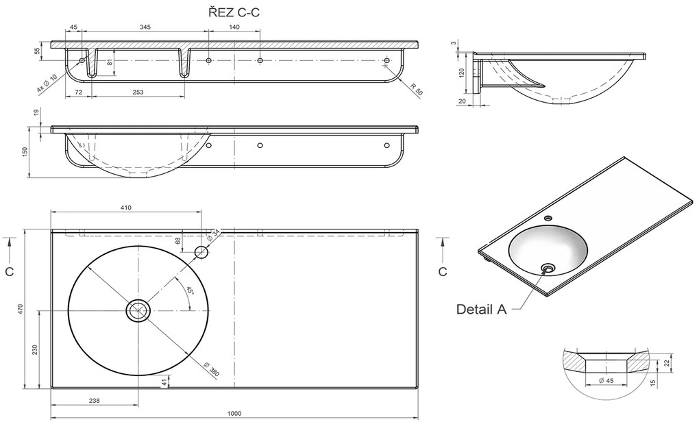 Sapho, JUNO umyvadlo 100x15x47cm, litý mramor, bílá, levé, JU101