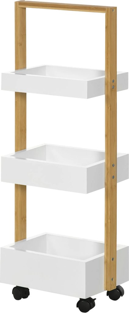 HOMCOM Bambusový úložný vozík s kolečky do kuchyně s 3 koši a madlem pro obývací pokoj a koupelnu 28x18x75 cm Bílý a přírodní | Aosom
