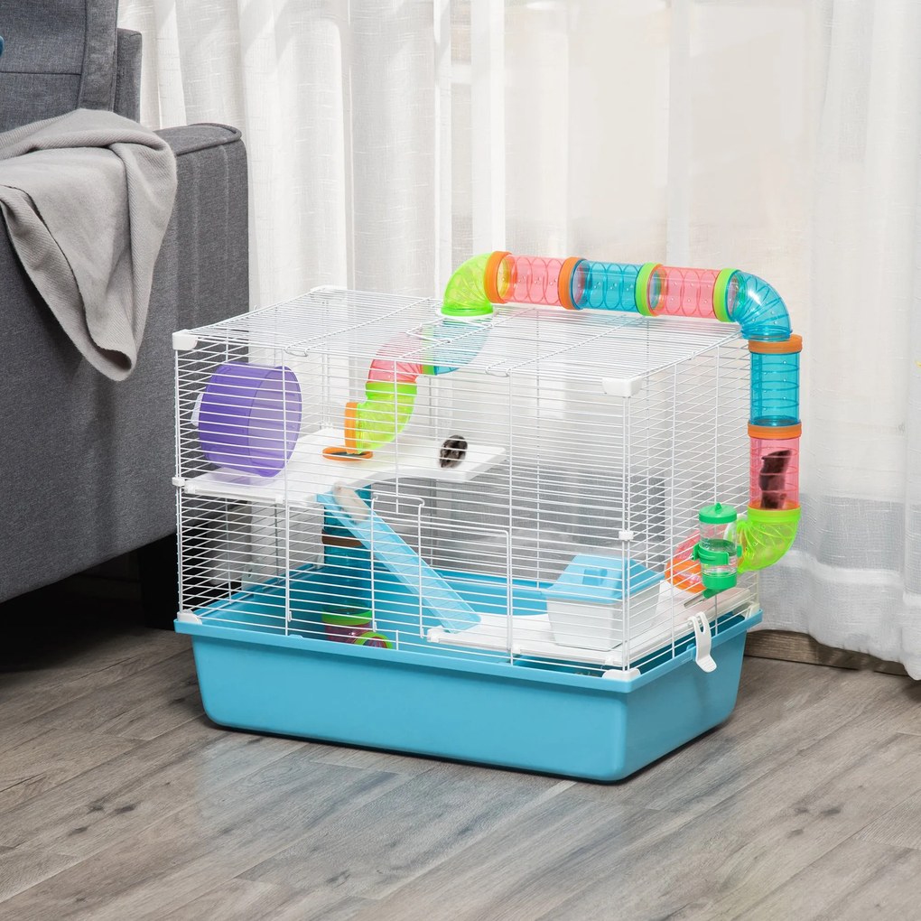 PawHut Klec pro Křečky a Hlodavce 3 Úrovně s Tunelovým Systémem, Lahvičkou na Vodu, Kolotočem, Domkem a Žebříky - rozměry 59L x 36W x 47H cm