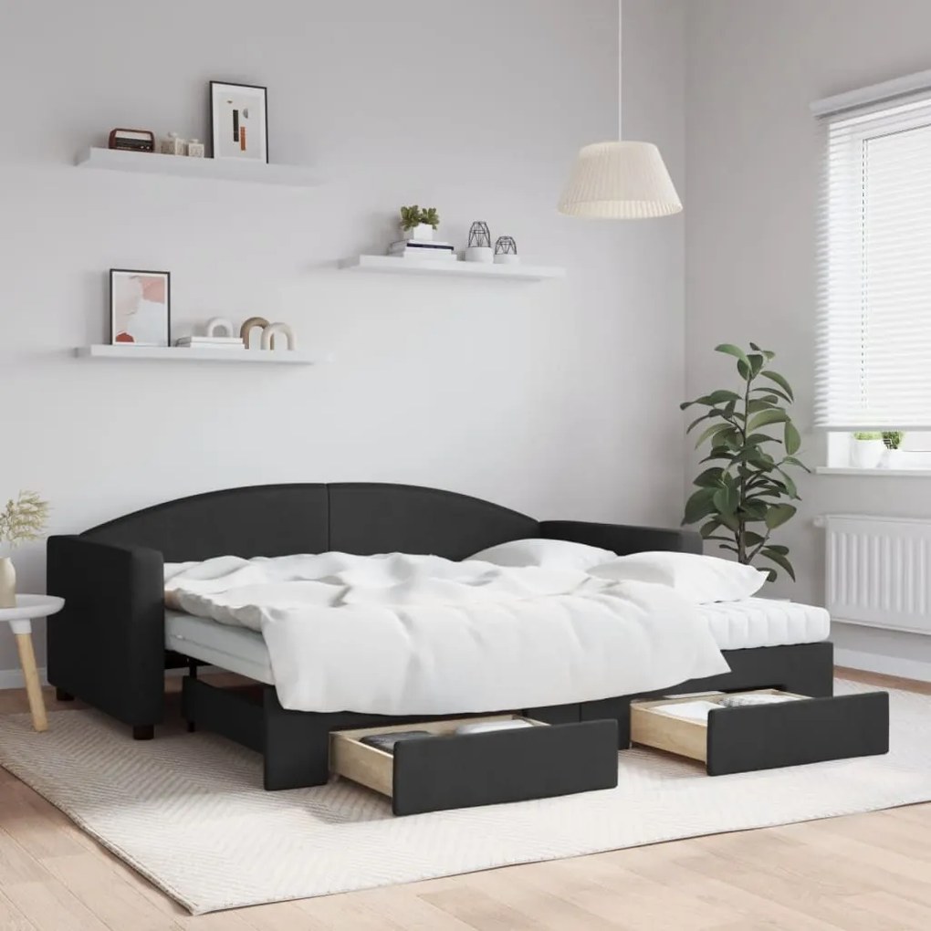 Válenda s přistýlkou a zásuvkami černá 90 x 190 cm textil 3197254