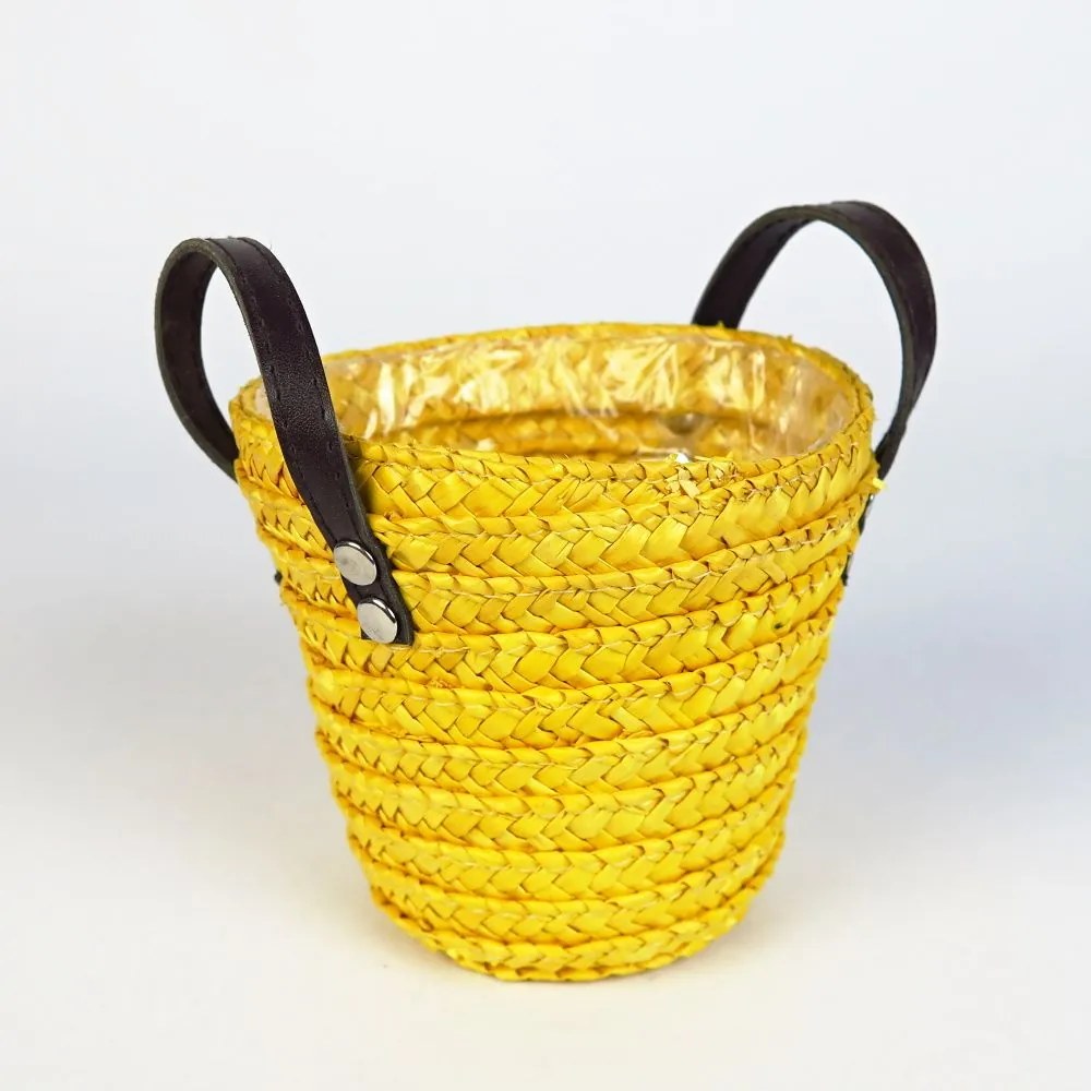 Košík pletený žlutý 11x13cm  kožené uši cca 3cm