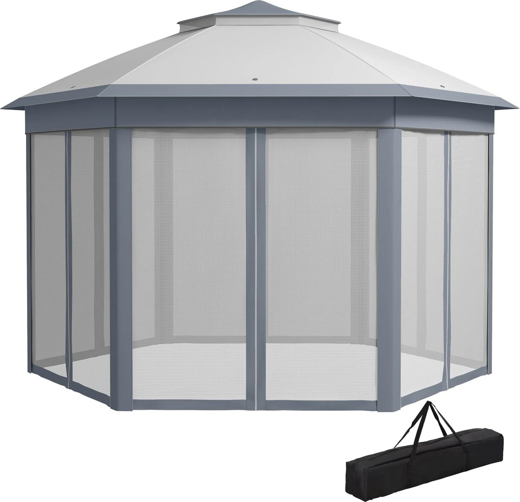 Zahradní pavilion Outsunny Pop-Up stan 4 x 4 m s taškou 6 bočními panely dvojitou střechou hexagonální šedý | Aosom