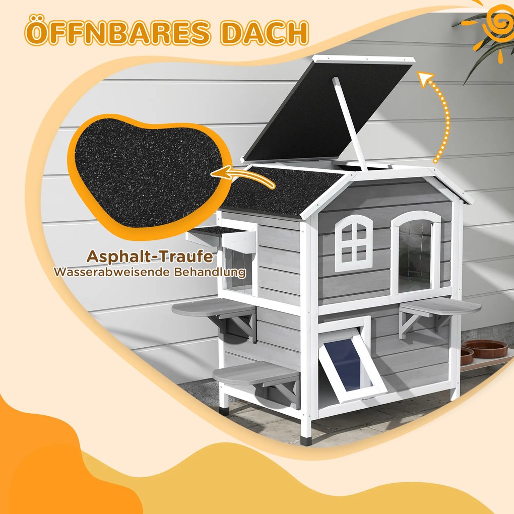 PawHut dřevěný domeček pro kočky 78 x 55,5 x 91 cm voděodolný s podlahou odolnou proti vlhkosti únikové dveře skákací plošiny otvor v podlaze šedý
