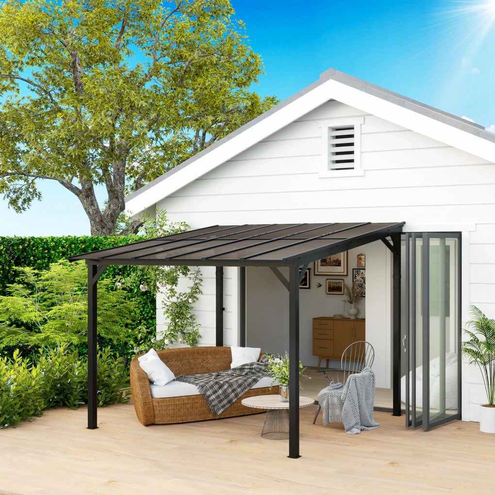 Outsunny pergola pavilon cca 3x3m, voděodolný, stabilní, zimní zastřešení terasy s UV ochranou 50+, nástěnný kovový zahradní pavilon, ochrana před sl…