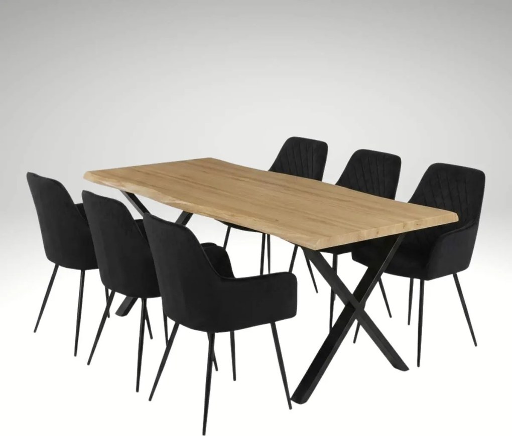 Vikio Jídelní set pro 6 osob 180x90 cm soft dub noha X černá židle s područkami VJS228-6C