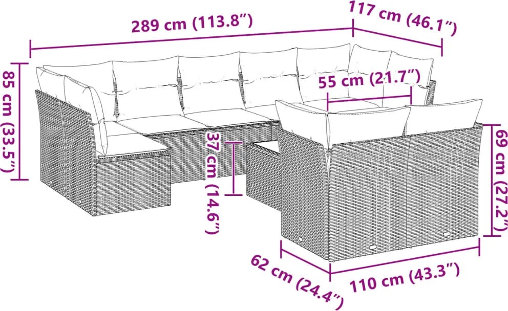 10dílná zahradní sedací souprava podušky světle šedá polyratan 3218162