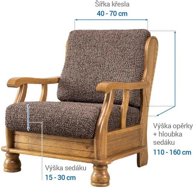 Bielastické potahy VITTORIA hnědá křeslo s dřevěnými rukojeťmi (š. 40 - 70 cm)