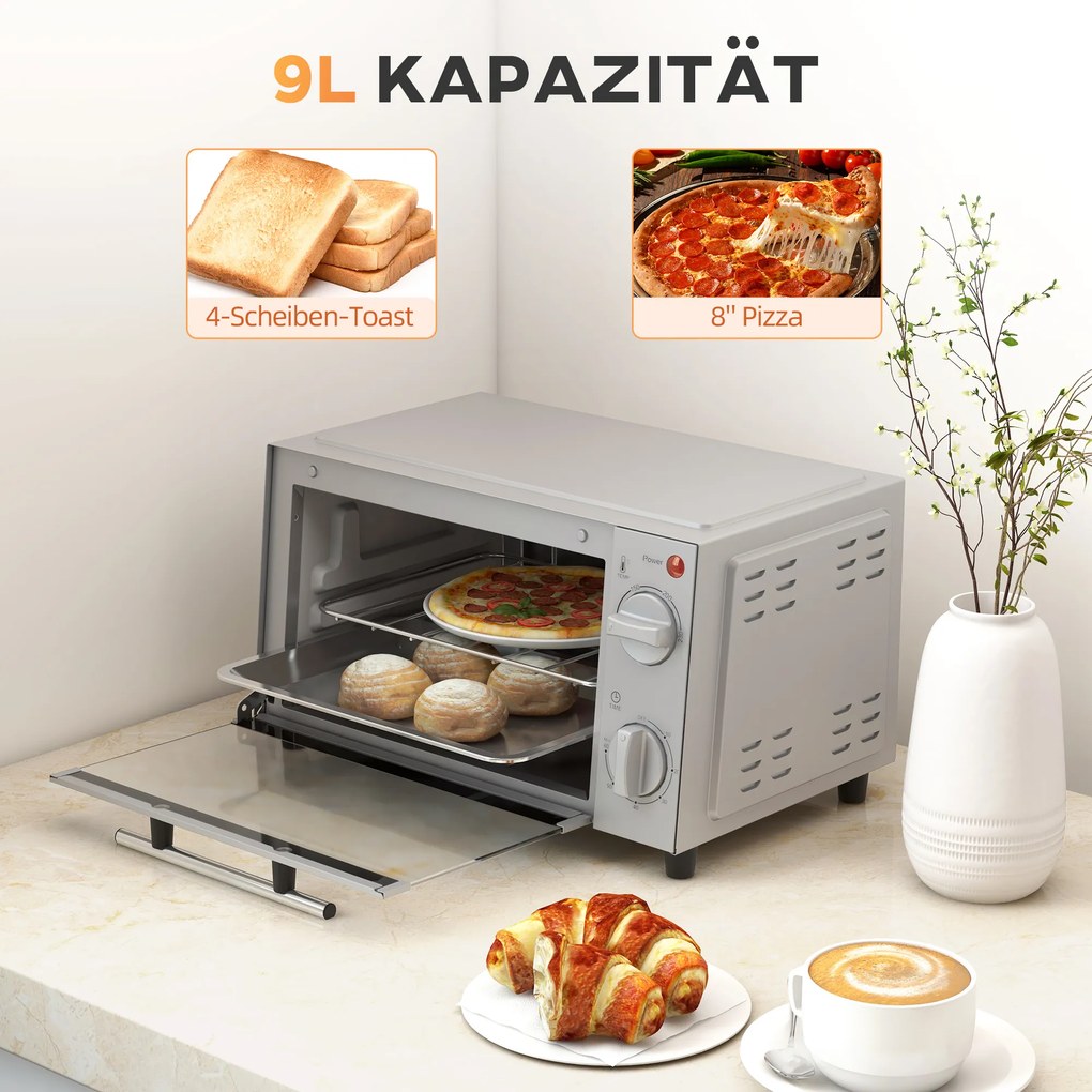 HOMCOM Mini trouba 9L Mini trouba s pečicím plechem, grilovací rošt, 100 °C-230 °C, s nastavitelnou teplotou a dobou pečení, časovač na 60 min, 750 W…