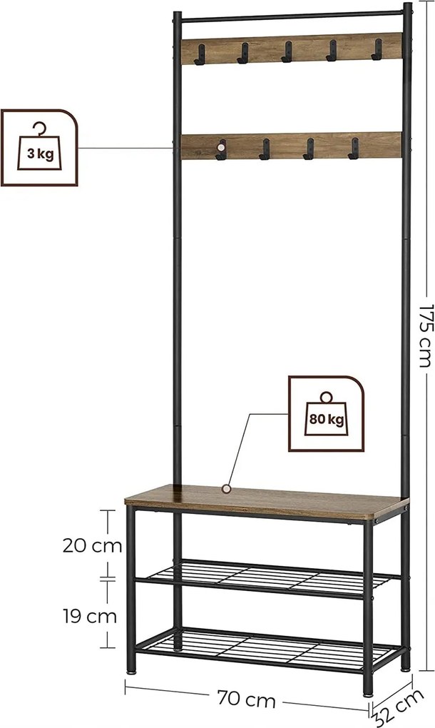 Kabátový stojan, botník, výška 175 cm, rustikální ořech a černá