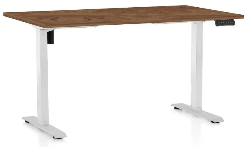 Výškově nastavitelný stůl OfficeTech B, 140 x 80 cm, bílá podnož, dub silverjack
