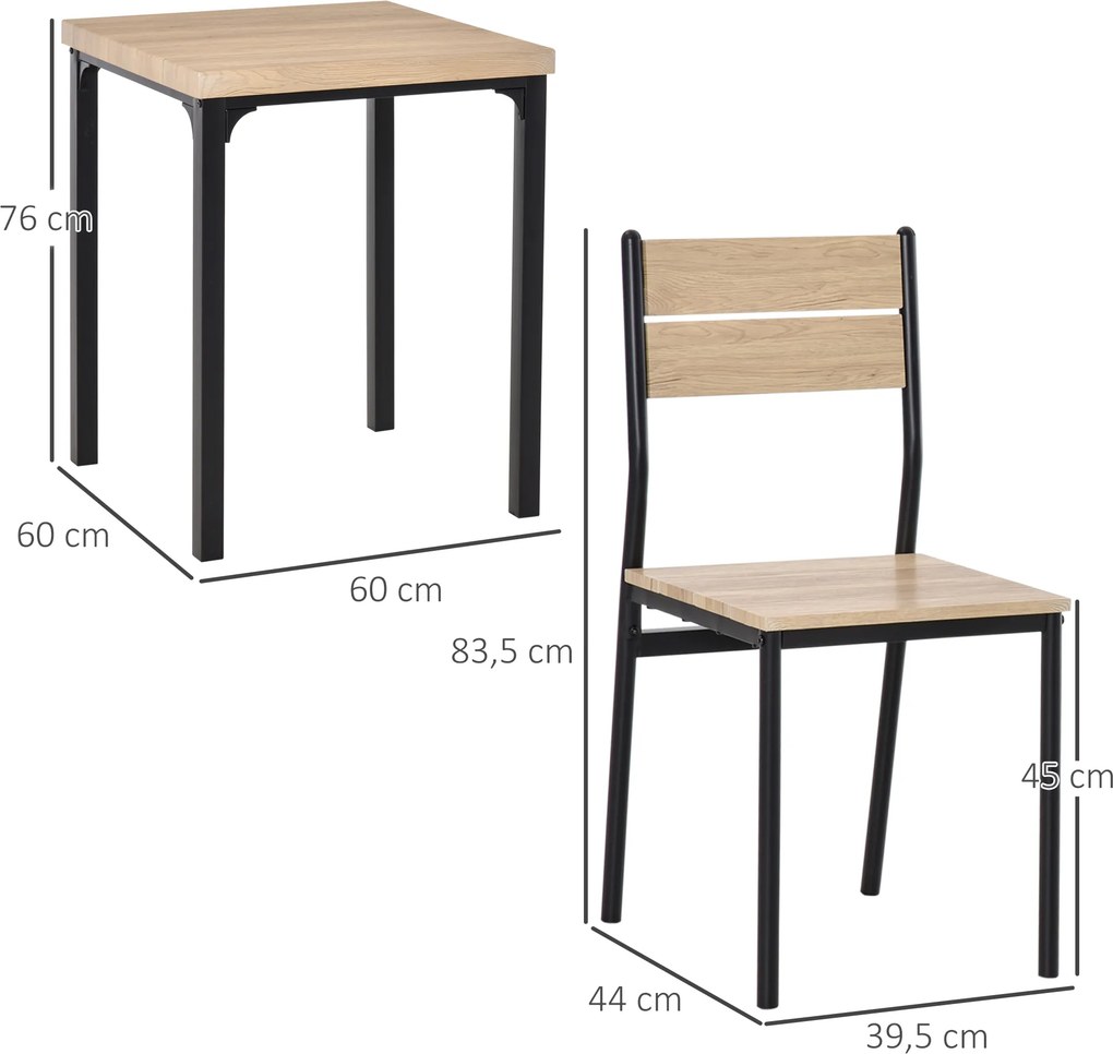 HOMCOM 3-dílný jídelní set s dřevěným stolem MDF + kov, přírodní dřevodekor + černá, 1 stůl + 2 židle| Aosom