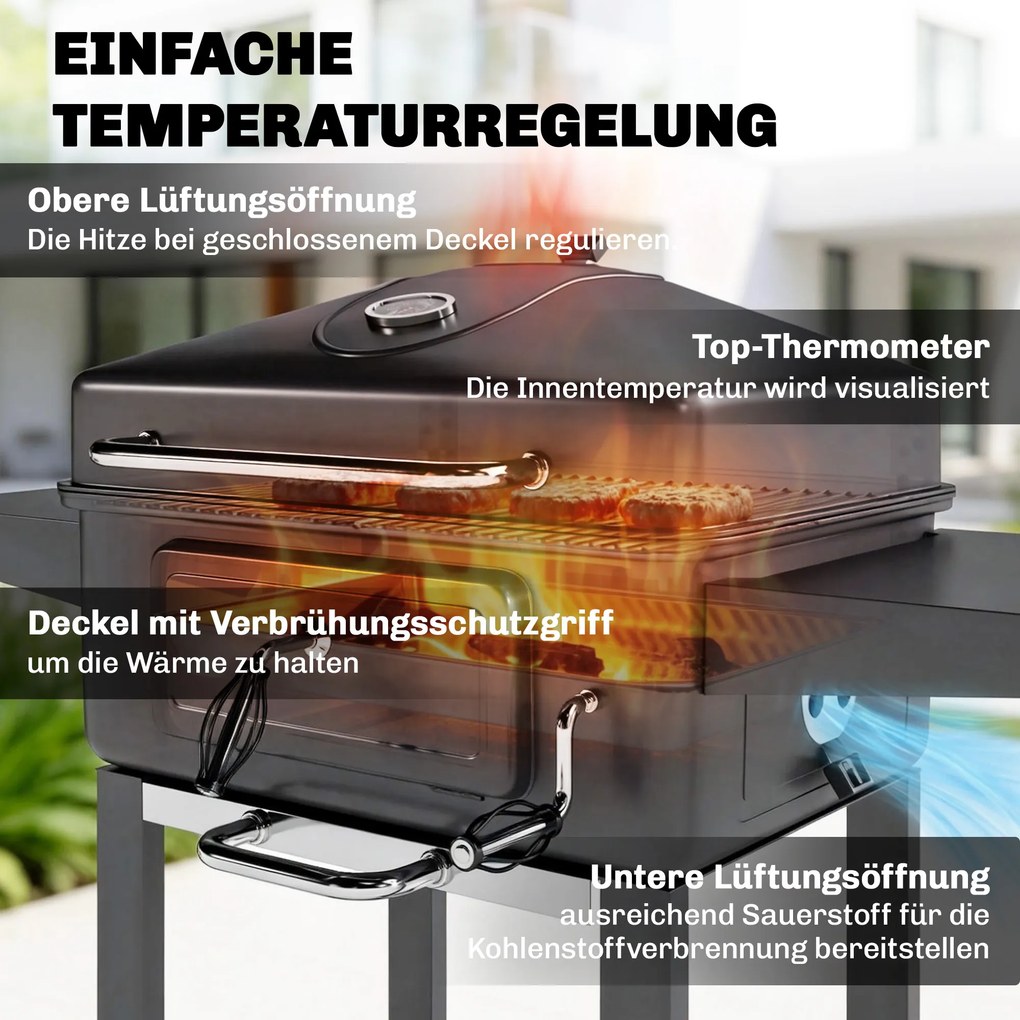 Outsunny Gril na dřevěné uhlí BBQ udírna s víkem Teploměr Výškově nastavitelná pánev na dřevěné uhlí Grilovací rošt Boční stolek Popelník