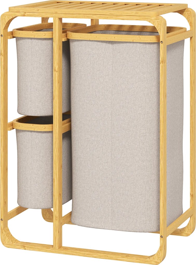 HOMCOM Úsporný Koš na Prádlo, Elegantní Koš s 3 Odnímatelnými Textilními Taškami a Policemi, Bambus, 50x32x69,7 cm, Bambus a Krémová Barva | Aosom