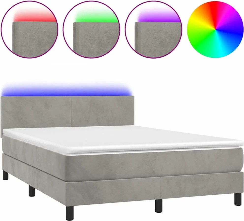 Box spring postel s matrací a LED světle šedá 140x190 cm samet 3134279