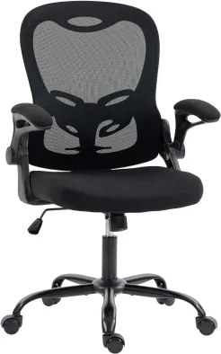 HOMCOM ergonomická kancelářská židle, síťová kancelářská židle, sklápěcí područky, výškově nastavitelná, houpací funkce, černá