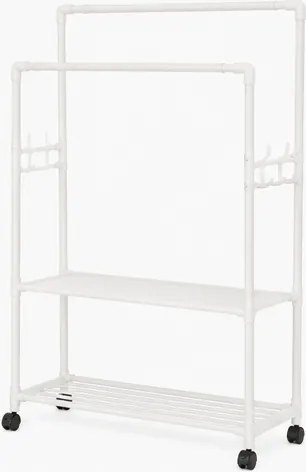 věšák, stojan na šaty, 2 tyče, 2 police, kolečka, kov/plast, 166x56x33 cm, bílá, Dekorino TK20260027