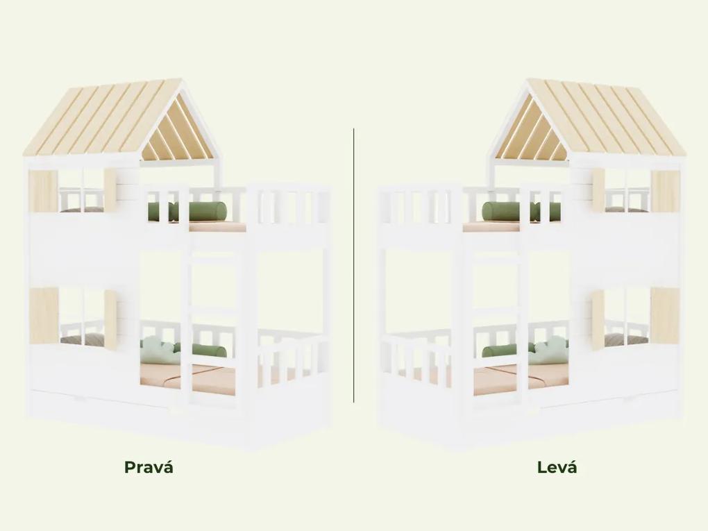 WoodPassion Patrová postel CHALOUPKA s poloviční střechou 90x200 cm Zvolte barvu: Bílá - Přírodní, Zvolte šuplík: Dvojitý úložný šuplík, Zvolte stranu: Vlevo