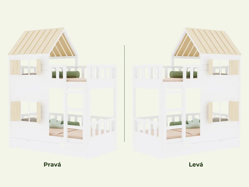 WoodPassion Patrová postel CHALOUPKA s poloviční střechou 90x200 cm Zvolte barvu: Bílá - Šedá, Zvolte šuplík: Dvojitý úložný šuplík, Zvolte stranu: Vlevo