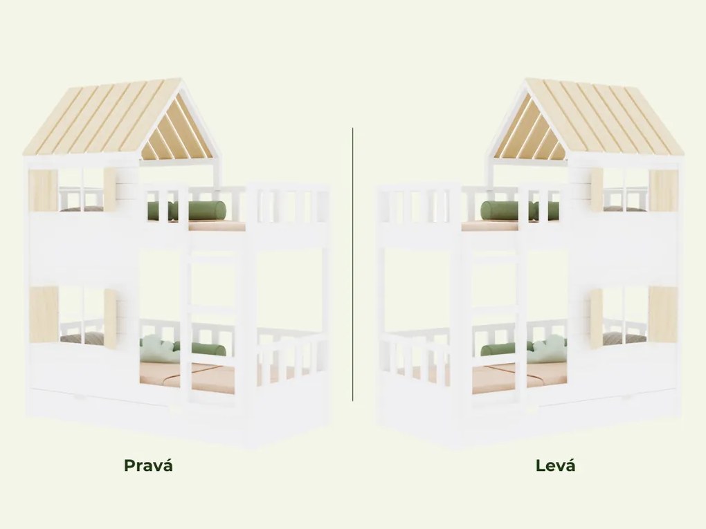 WoodPassion Patrová postel CHALOUPKA s poloviční střechou 90x200 cm Zvolte barvu: Bílá - Šedá, Zvolte šuplík: Dvojitý úložný šuplík, Zvolte stranu: Vpravo