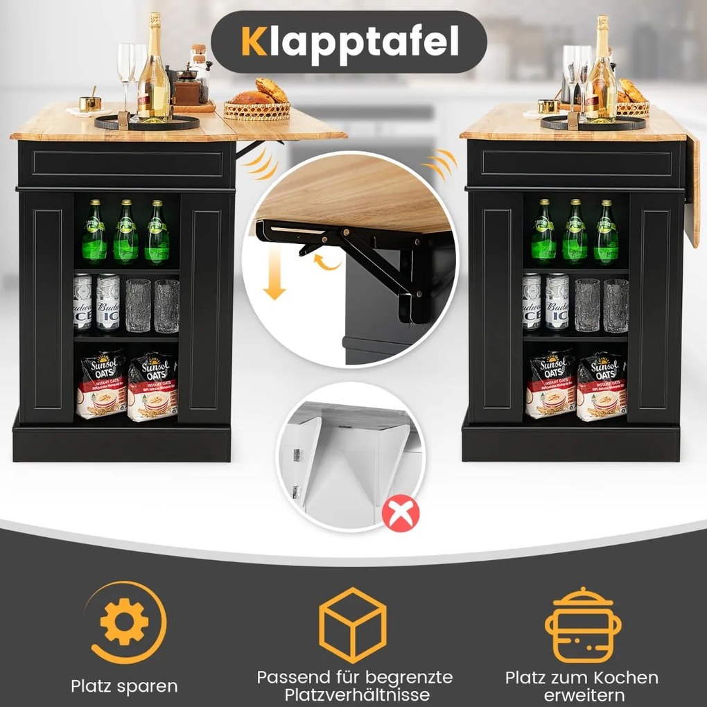 Costway Kuchyňská skříňka s výsuvnou pracovní deskou z kaučukového dřeva – černý