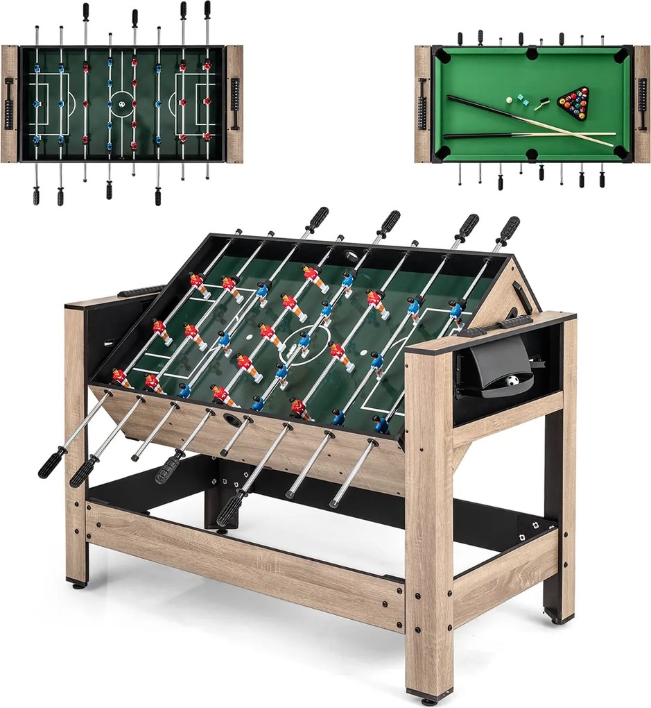 Costway 2 v 1 Otočný hrací stůl 124 cm Souprava stolního fotbalu a kulečníku