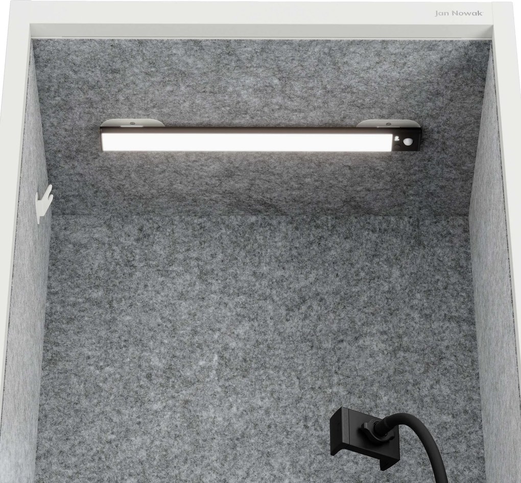 Kancelářská akustická kabina se sedátkem a USB-C portem, korpus bílý / sedák šedá, 600 mm: SALLY MentalBox